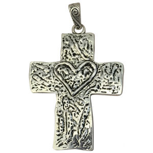 Silver Hammered Cross Pendant with Heart Accent in Pewter » Cross Charm